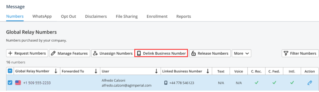 Linking and Delinking Business and Global Relay Numbers